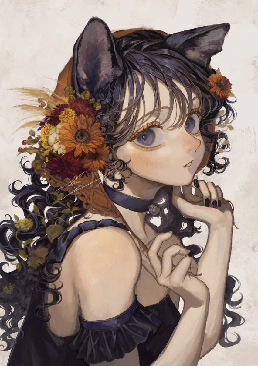 Safebooru - 1girl absurdres animal ears bell black choker black dress black hair black nails cat ...