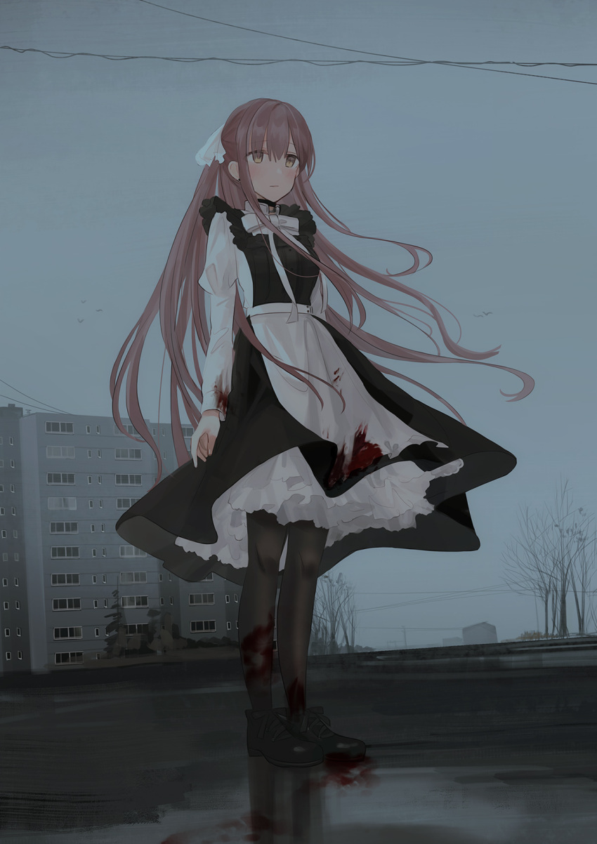 Safebooru - 1girl apron bangs black dress black footwear black legwear blood bloody clothes blue ...