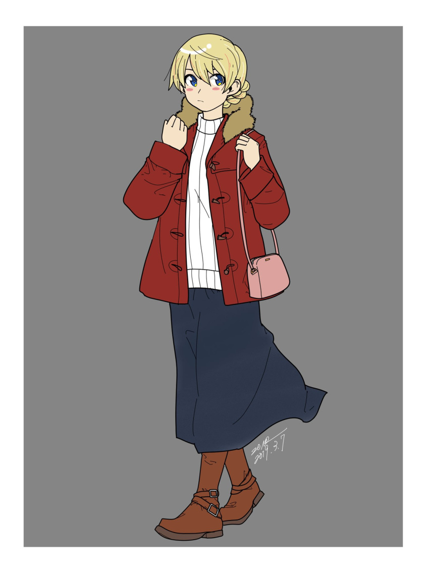 Safebooru - 1girl artist name bag bangs blonde hair blue eyes blush stickers boots braid brown ...