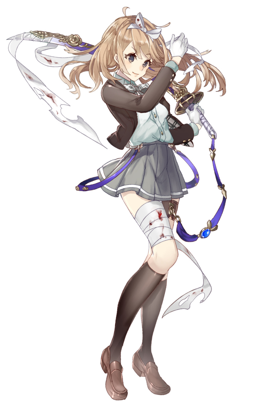 Safebooru - 1girl arm up bandaged leg bandages bangs blazer blood bloody bandages blush brown ...