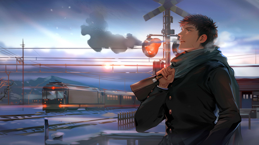 Safebooru - 1boy bag bandal bench black jacket breath fence fingernails ...