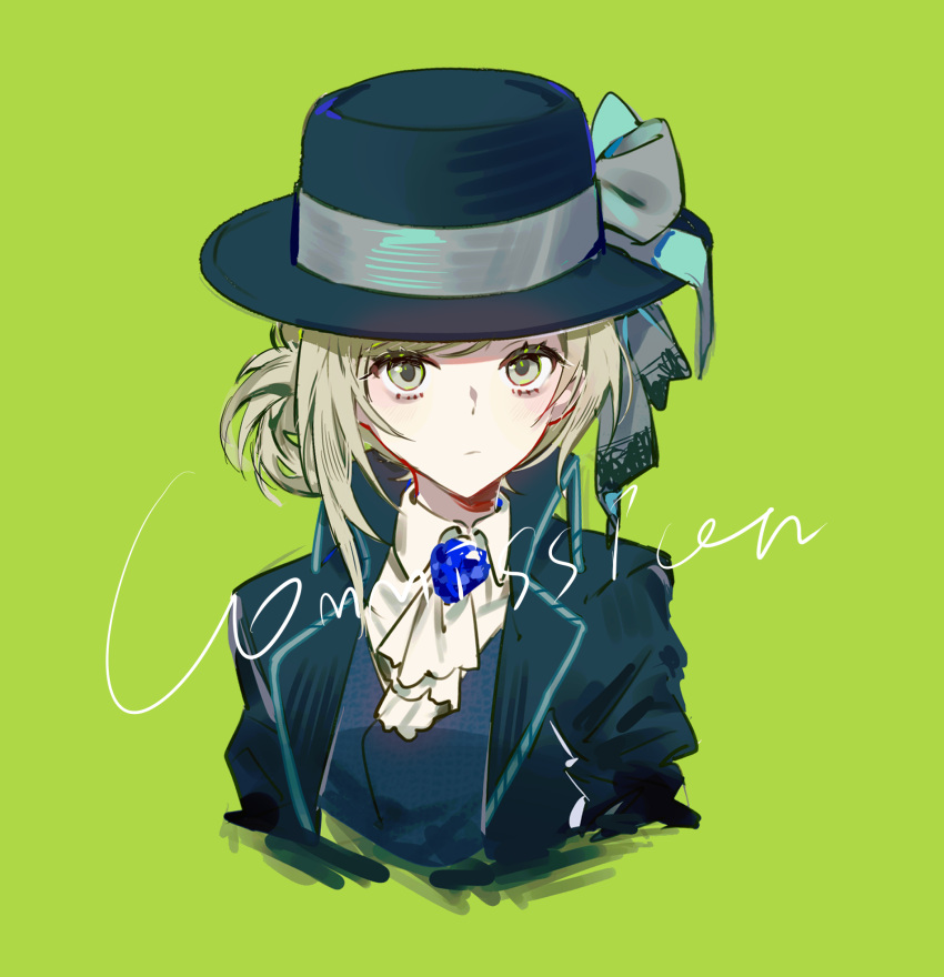 Safebooru - 1girl ascot asymmetrical hair black hat black jacket blazer blue gemstone blue vest ...