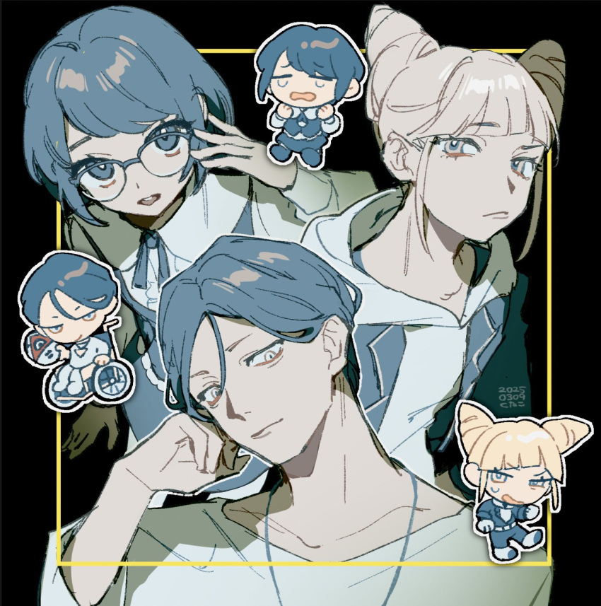 Safebooru - 1boy 2girls :d adjusting eyewear blonde hair blue eyes blue ...