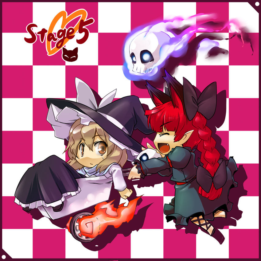 Safebooru - blonde hair braid cat ears chibi fang hat highres kaenbyou ...