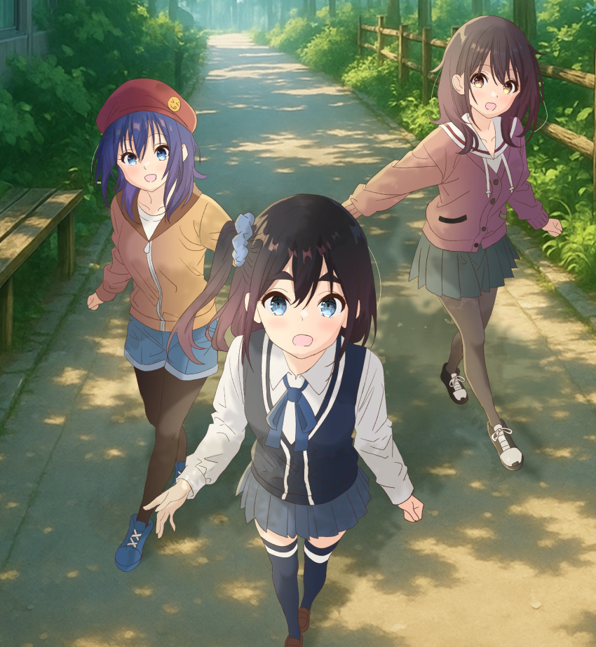 Safebooru - 3girls black eyes black hair black jacket blue eyes blue hair blue skirt brown eyes ...