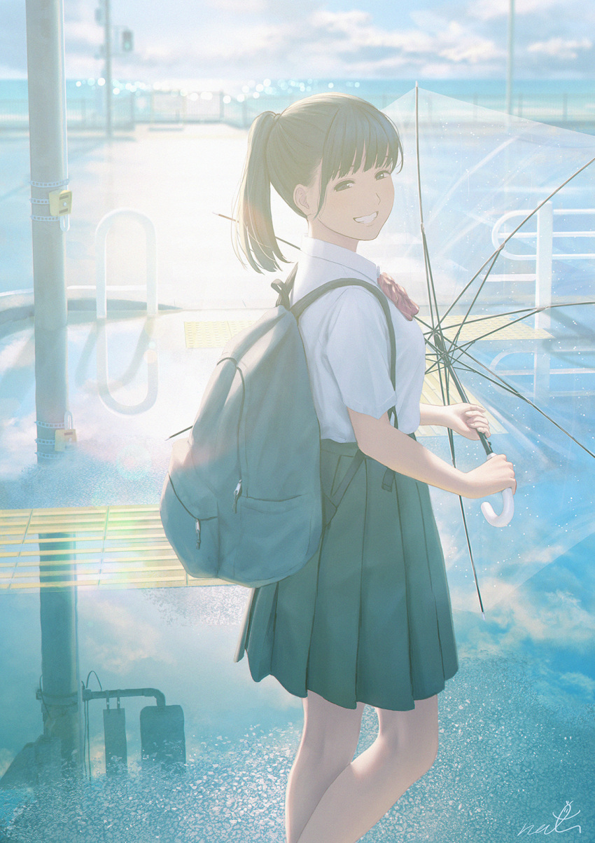 Safebooru - 1girl backpack bag black eyes black hair black skirt collared shirt grin highres ...