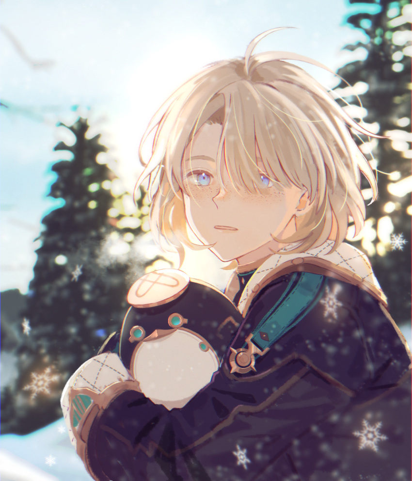 Safebooru - 1boy absurdres black jacket blonde hair blue eyes blurry blurry background breath ...
