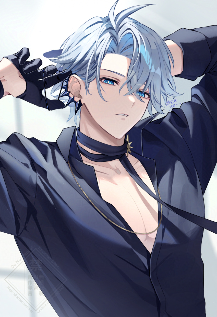 Safebooru - 1boy antenna hair black choker black gloves black shirt blue eyes choker collared ...