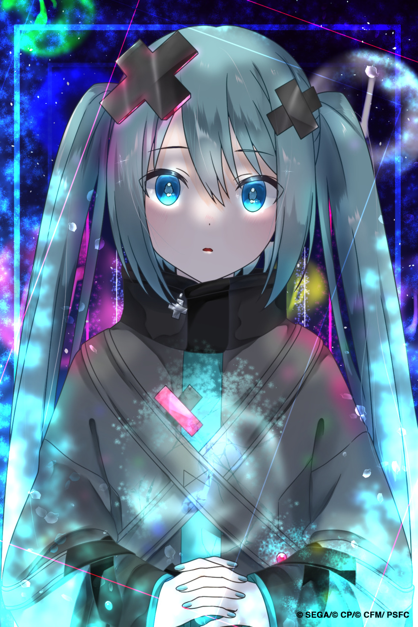 Safebooru - 1girl aqua eyes aqua hair aqua nails batsu miku grey jacket hair between eyes hair ...