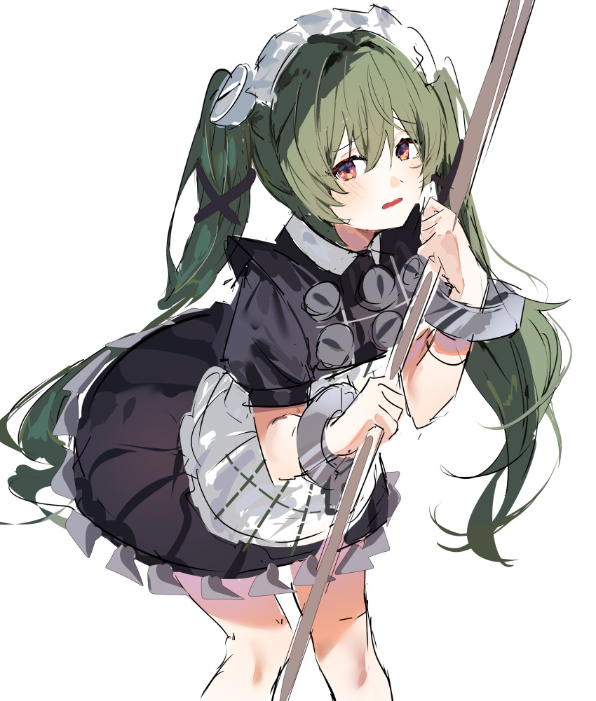 Safebooru - 1girl absurdres apron black dress blush broom corin wickes cowboy shot dress green ...