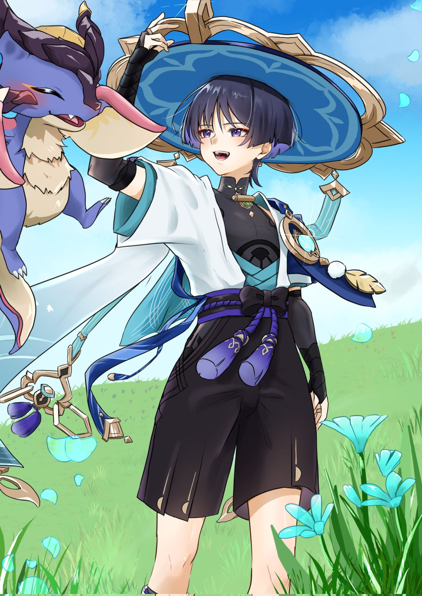 Safebooru - 1boy anemo symbol (genshin impact) animal print aqua flower aqua kimono aqua petals ...