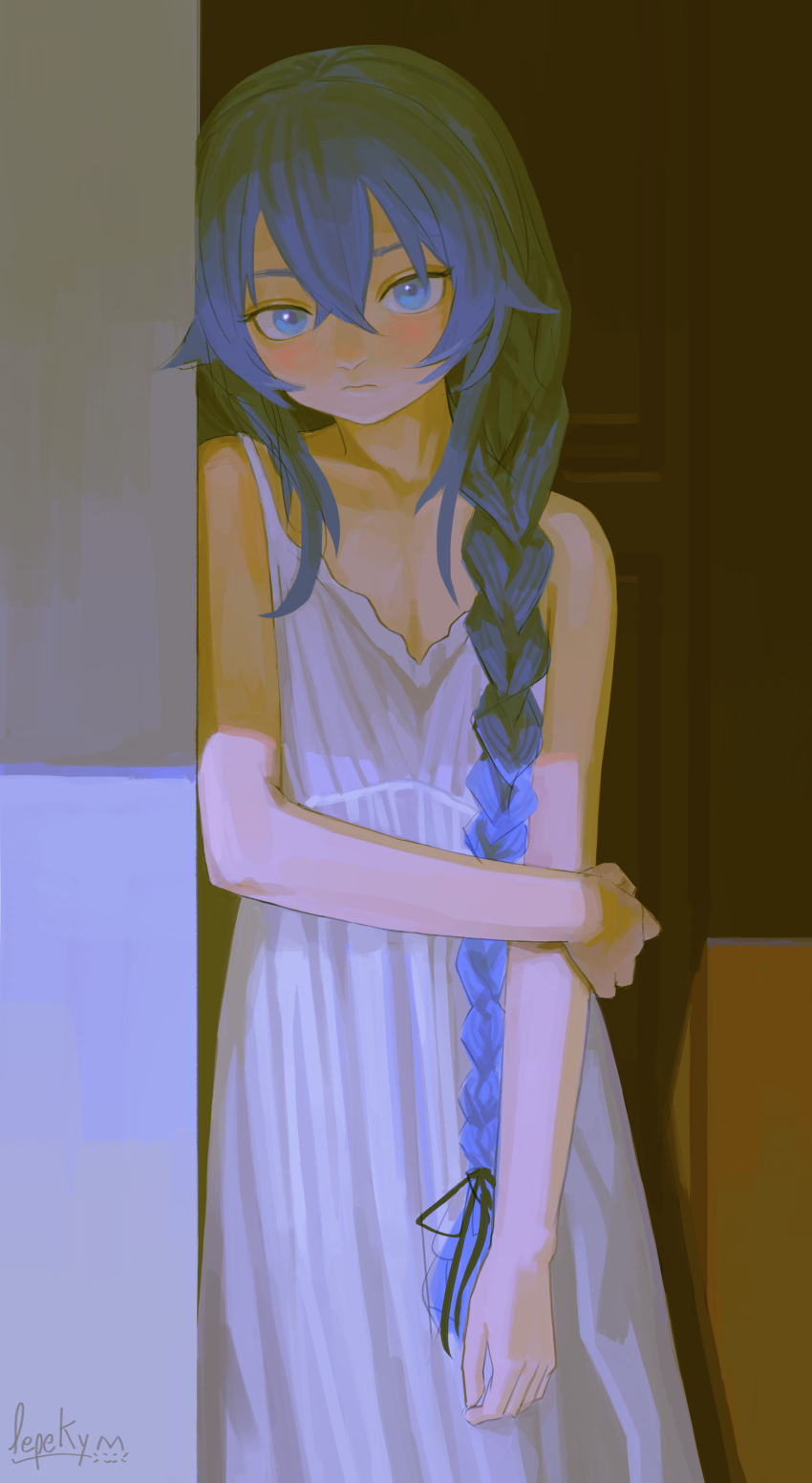 Safebooru - 1girl absurdres artist name blue hair braid closed mouth dark double-parted bangs ...