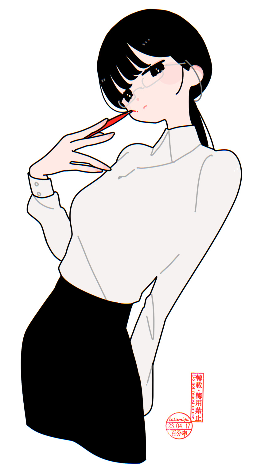 Safebooru - 1girl artist name black eyes black hair black skirt glasses hand up highres holding ...