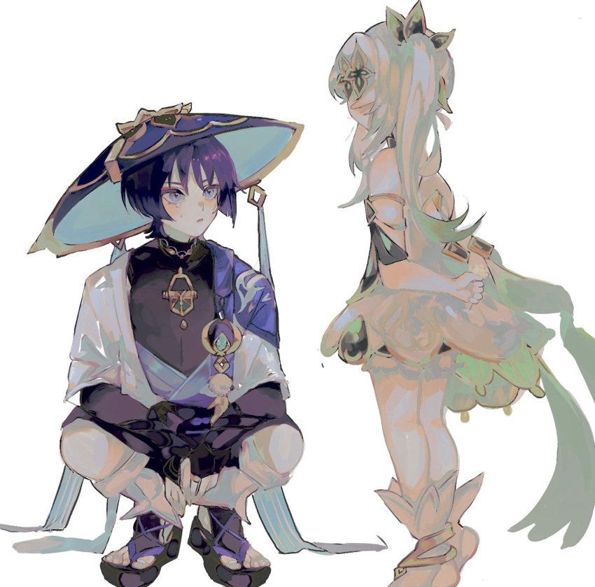 Safebooru - 1boy 1girl anemo symbol (genshin impact) anklet aqua gemstone arm behind back arm on ...