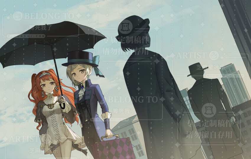 Safebooru - 1boy 3girls black coat black hat black pants black umbrella ...