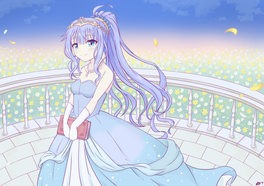 Safebooru - 1girl bare shoulders blue dress blue eyes blue hair book breasts dress field flower ...