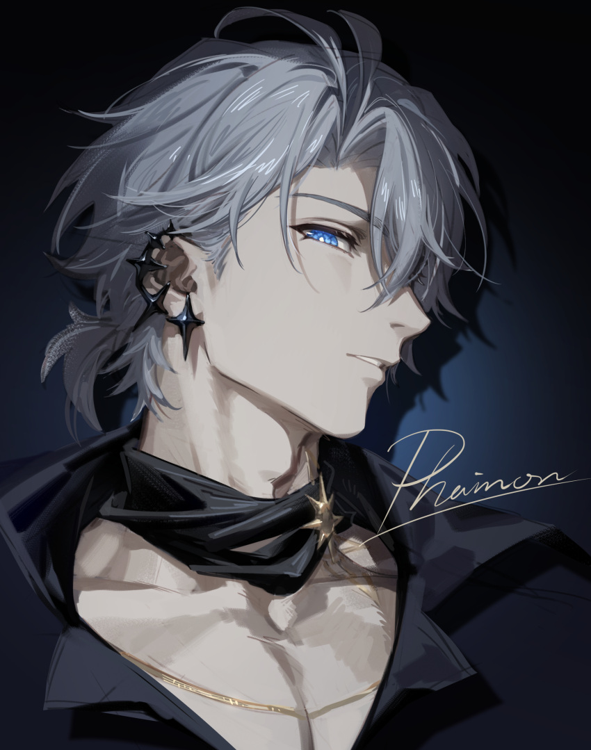 Safebooru - 1boy absurdres antenna hair black choker black shirt blue eyes character name choker ...