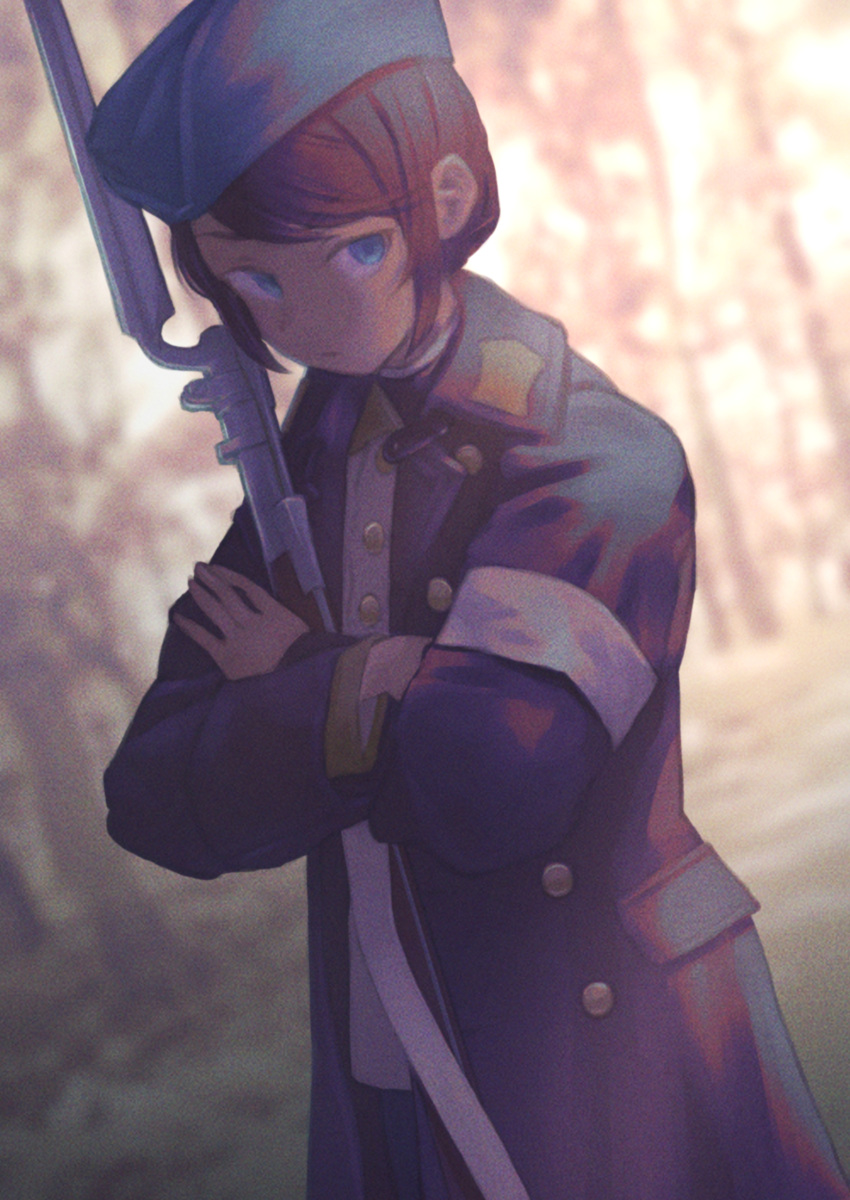 Safebooru - 1girl absurdres antique firearm armband bayonet blue eyes blue pants brown coat ...