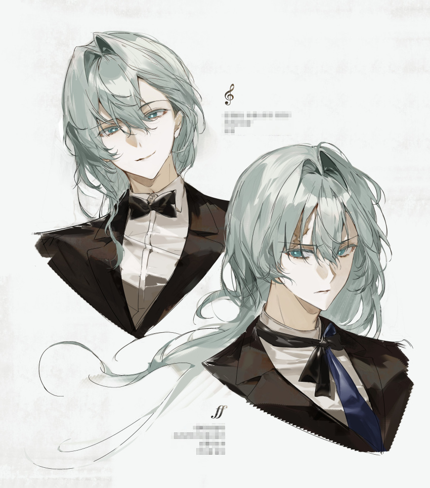 Safebooru - 1boy absurdres aqua hair black bow black jacket blue eyes blue necktie bow bowtie ...