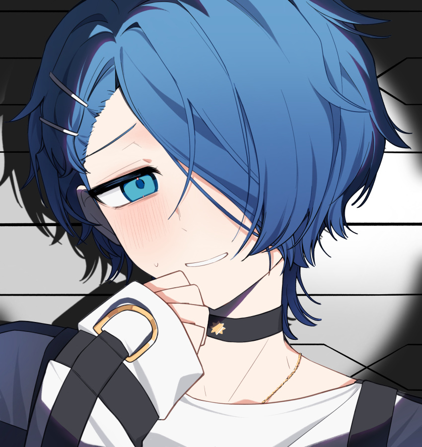 Safebooru - 1boy absurdres blue eyes blue hair blush embarrassed grin ...