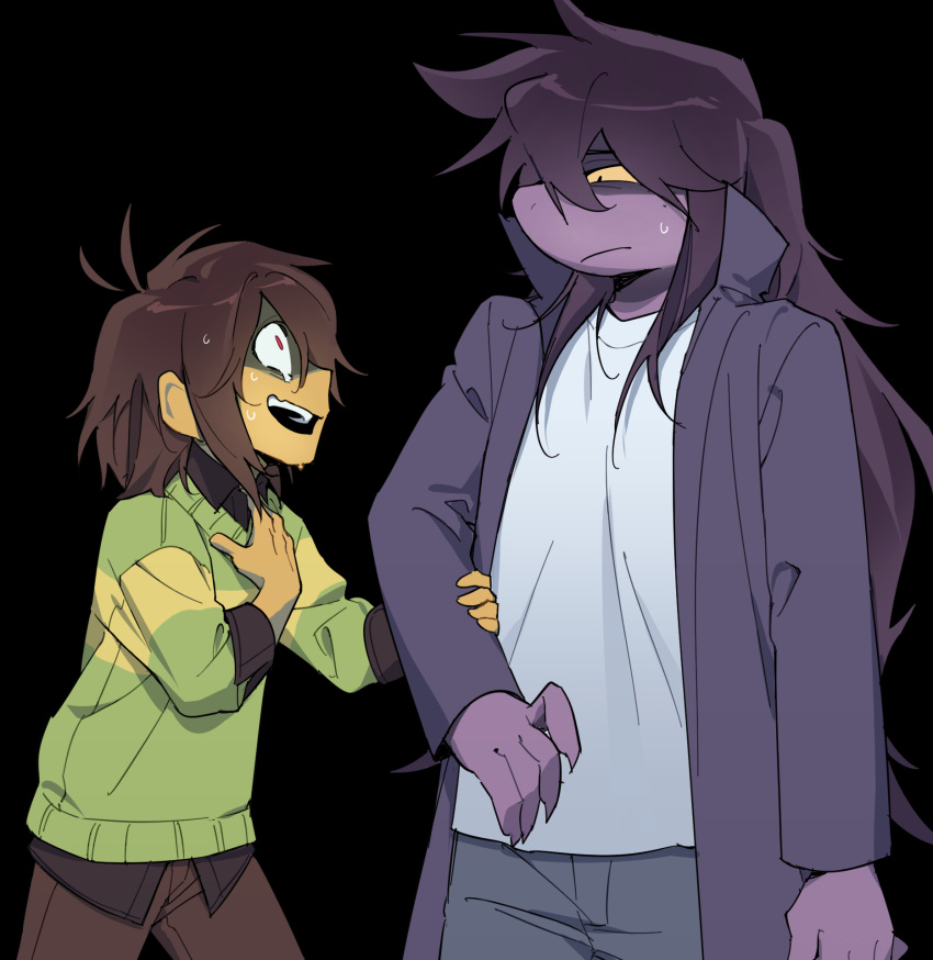 Safebooru - 1girl 1other black background black shirt brown hair brown ...