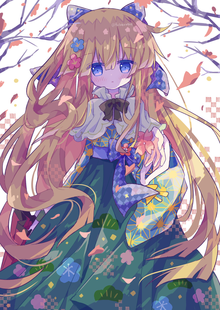 Safebooru - 1girl absurdres asa no ha (pattern) black ribbon blonde hair blue eyes blush capelet ...