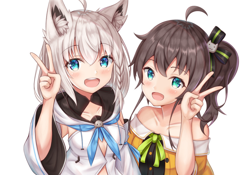 Safebooru - 2girls :d absurdres ahoge animal ear fluff animal ears bare shoulders black ribbon ...