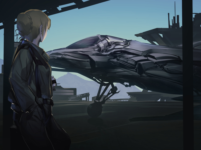 Safebooru - 1girl aircraft airplane blonde hair blue sky braid day facing away fighter jet ...