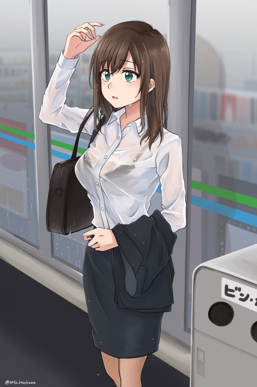 Safebooru - 1girl aqua eyes arm up bag black bra black skirt blazer bra brown hair buttons ...