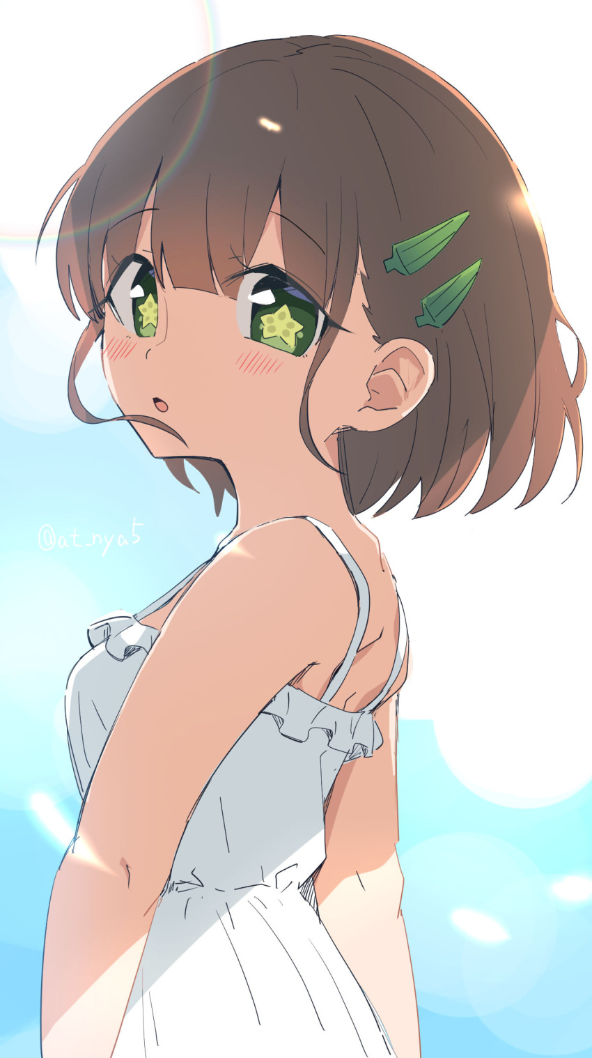 Safebooru - 1girl blue background blunt bangs blush brown hair commentary request dress gradient ...