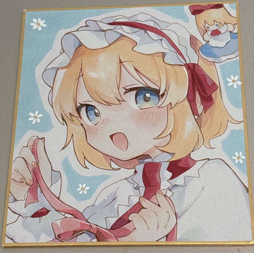 Safebooru - 1girl :d alice margatroid ascot blonde hair blue background blue eyes capelet ...