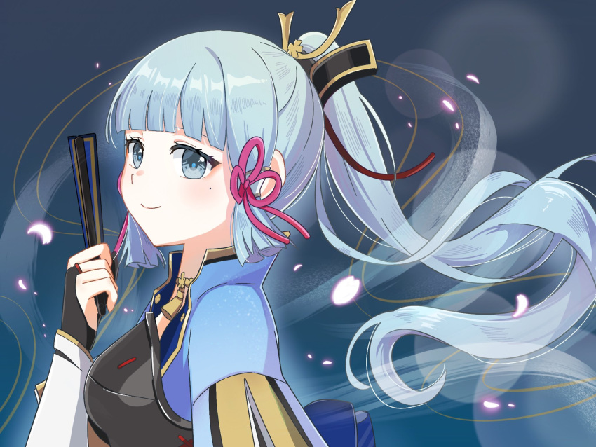 Safebooru - 1girl aqua eyes aqua hair black gloves blue background fingerless gloves folding fan ...