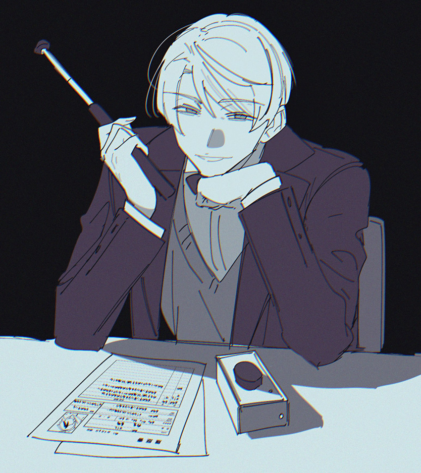 Safebooru - 1boy alternate form chair greyscale head rest highres ...