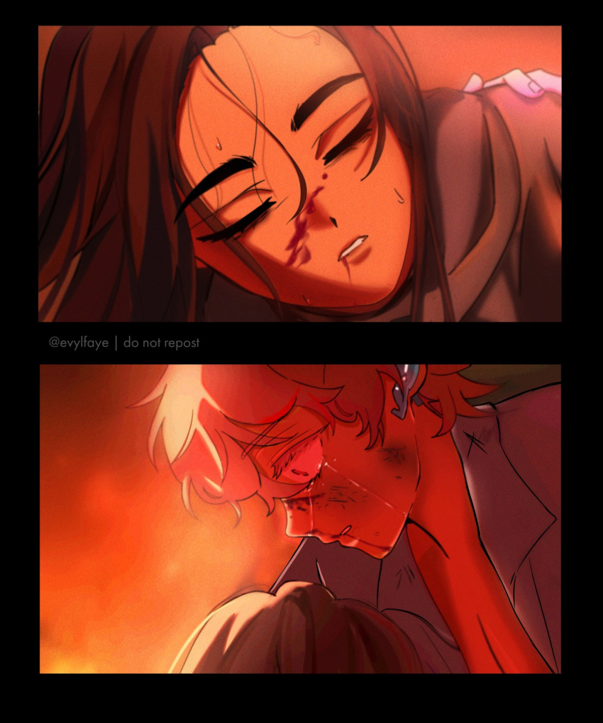 Safebooru - 1boy 1girl alien stage artist name blood blood on face brown hair bruise bruise on ...