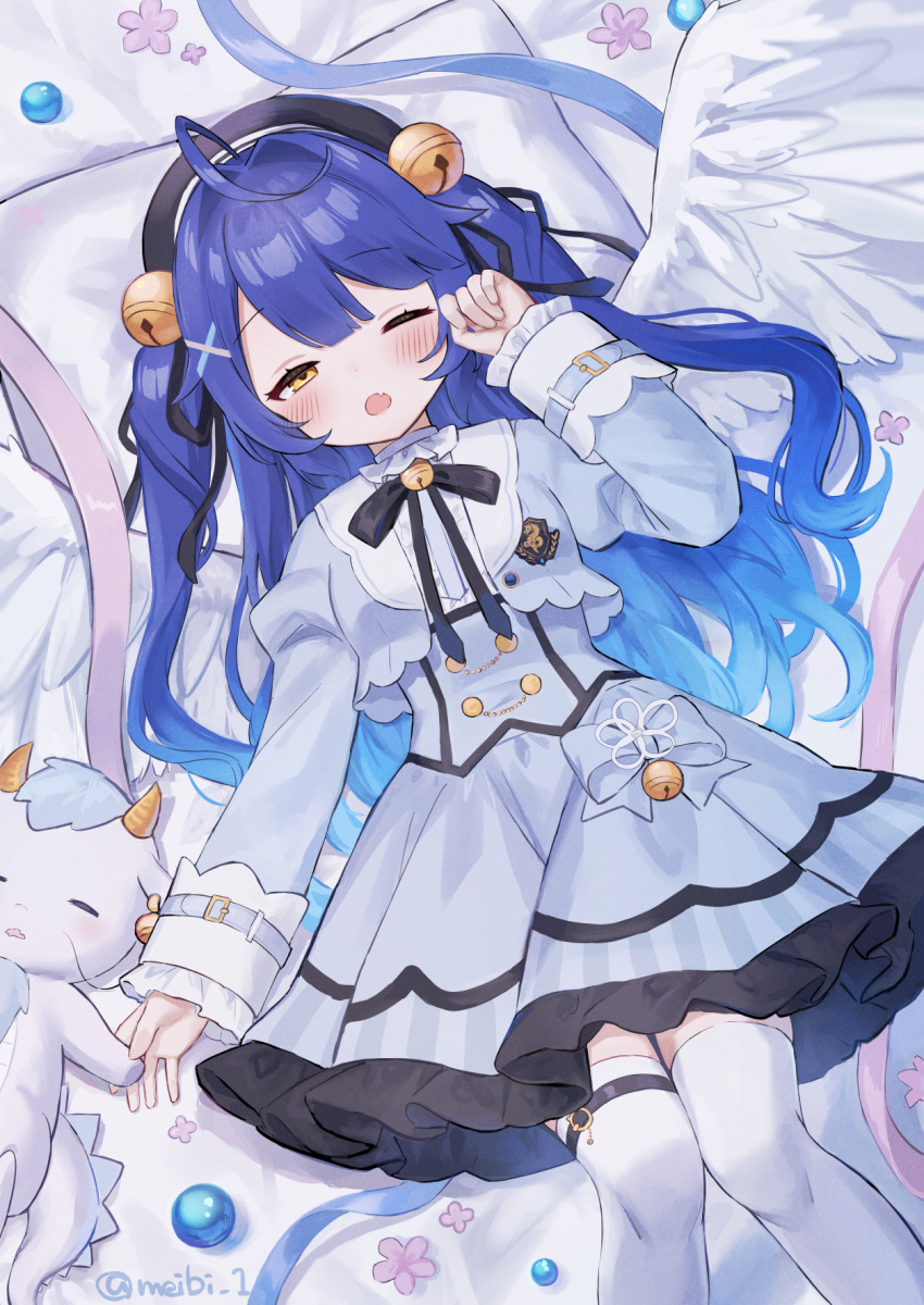 Safebooru - ahoge amamiya kokoro angel wings animal bell belt beret blue hair blush bow ...