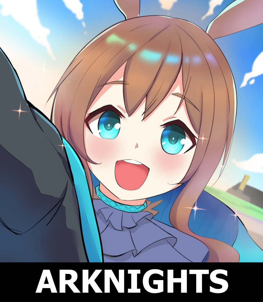 Safebooru - 1girl amiya (arknights) animal ears arknights arm up ascot blue eyes brown hair ...
