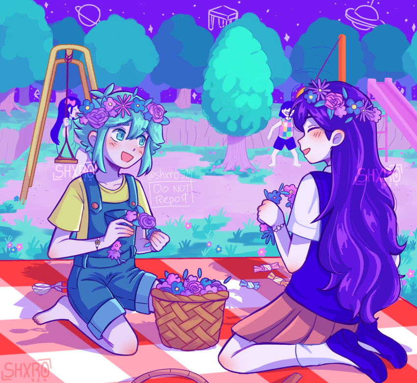 Safebooru - 2boys 2girls antenna hair artist name aubrey (headspace ...