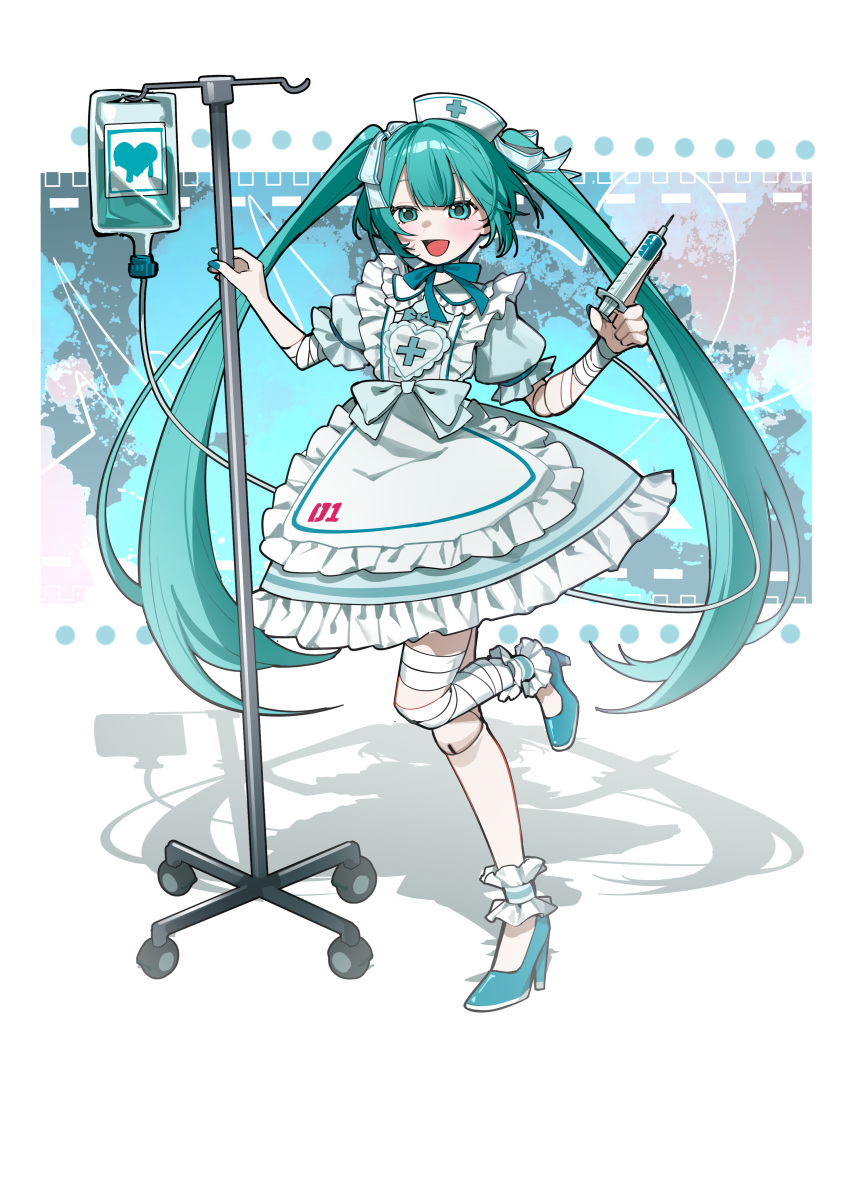 Safebooru - 1girl :d absurdres ankle cuffs apron aqua bow aqua dress aqua eyes aqua hair aqua ...