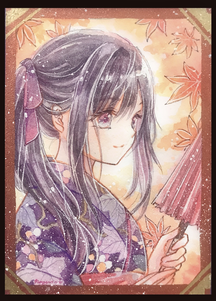 Safebooru - 1girl absurdres autumn leaves black hair highres leaf maple leaf nazumi shiho ...