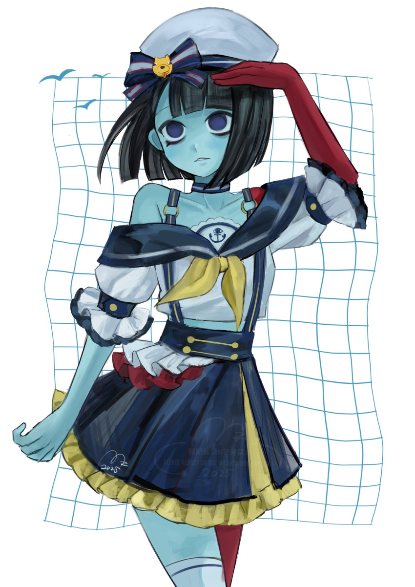 Safebooru - 1girl alternate costume black hair blue skin blunt bangs ...