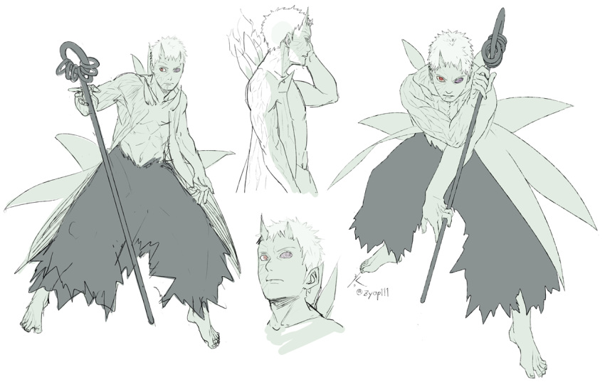 Safebooru - 1boy barefoot closed mouth full body heterochromia holding ...