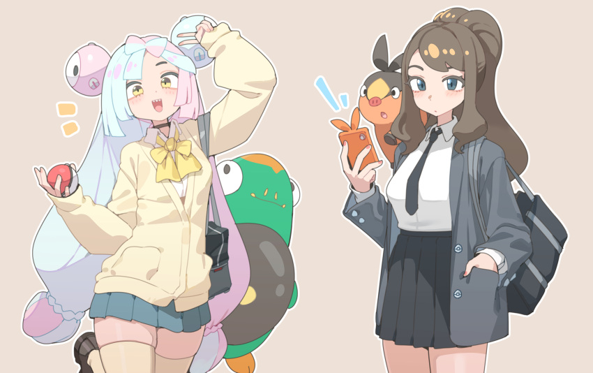 Safebooru - 2girls :d absurdres alternate costume arm up bag bellibolt ...