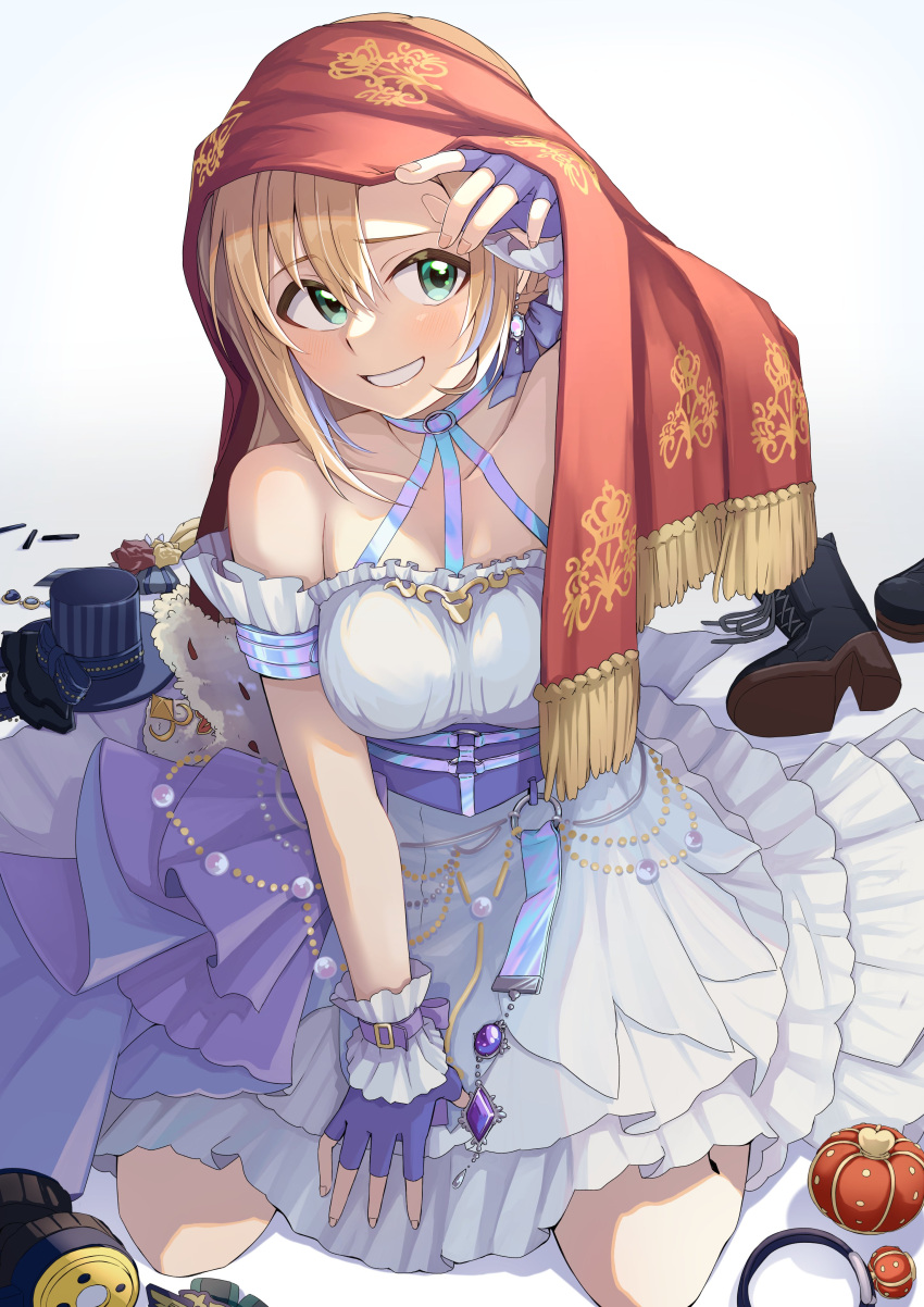 Safebooru - 1girl absurdres bare shoulders blush breasts brown hair corset dress earrings ...