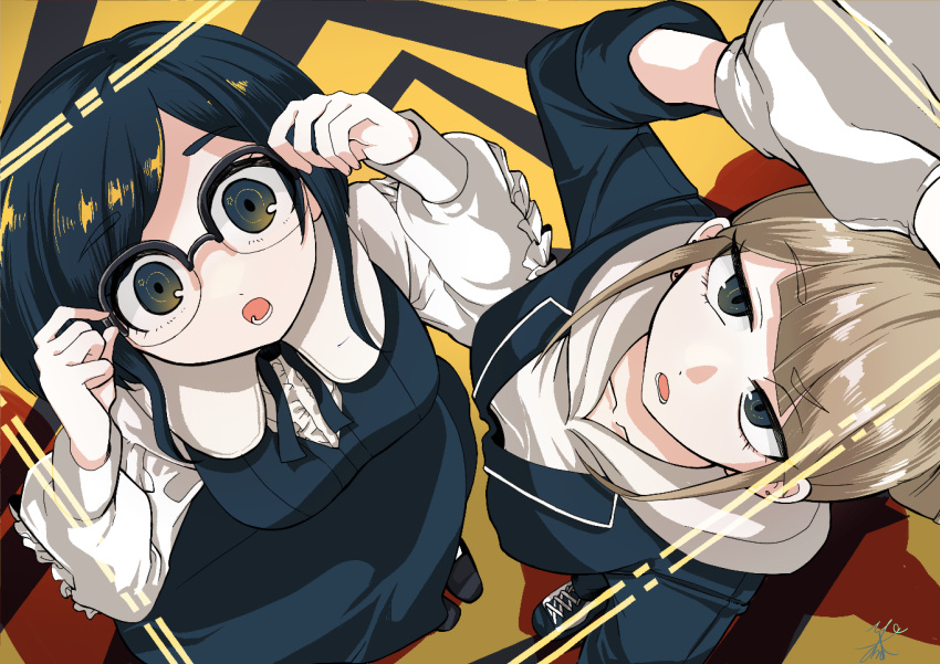 Safebooru - 2girls :o absurdres blue jumpsuit blue skirt breasts ...