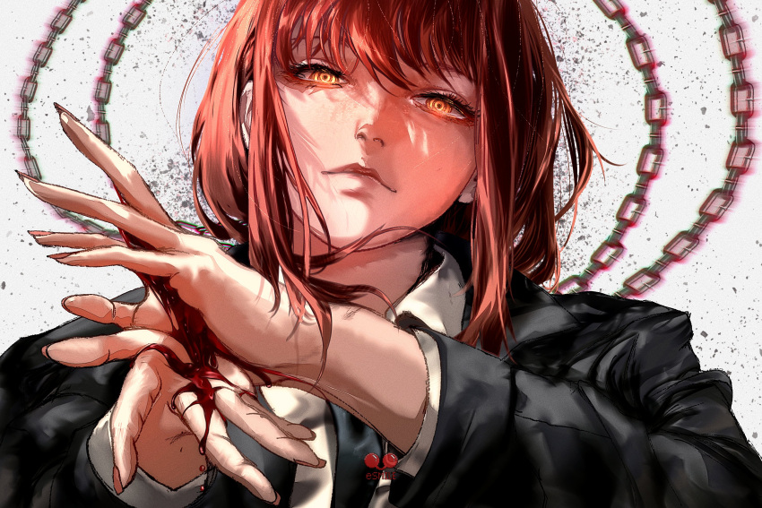 Safebooru - 1girl artist name black coat black necktie blood chain chainsaw man closed mouth ...