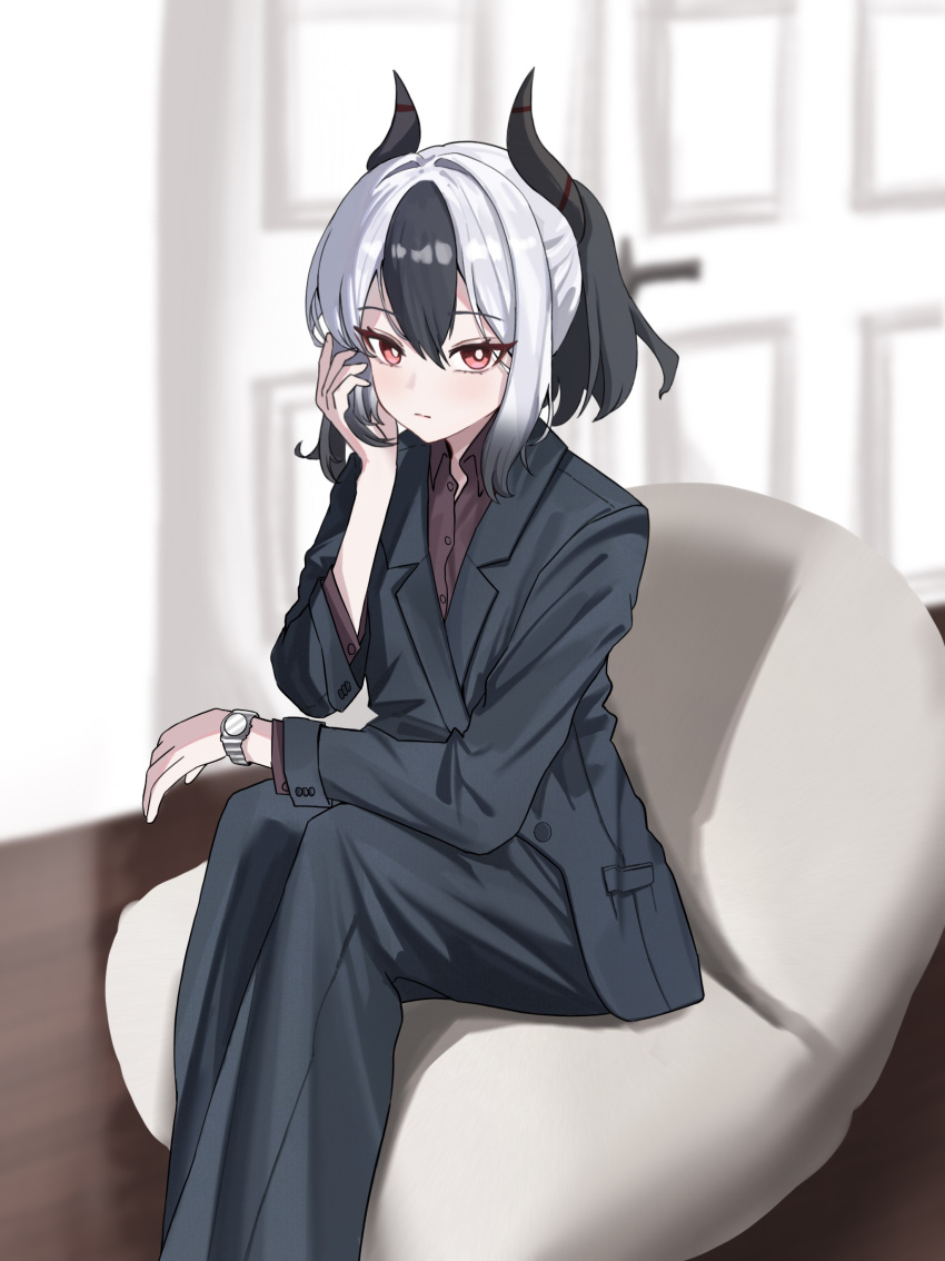Safebooru - 1girl :| absurdres alternate costume black hair black horns black jacket black pants ...