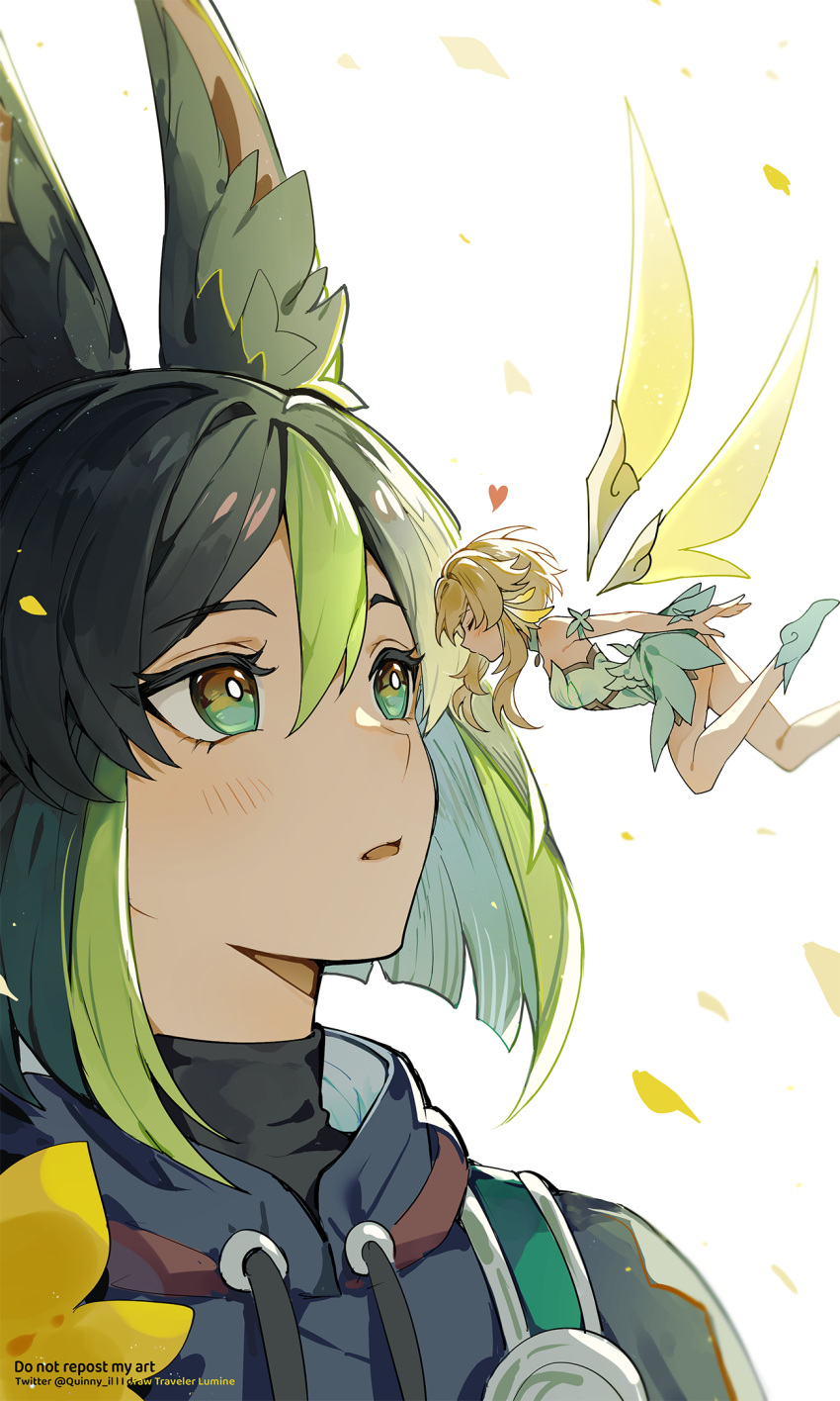 Safebooru - 1boy 1girl animal ear fluff animal ears black hair blonde hair blunt ends butterfly ...