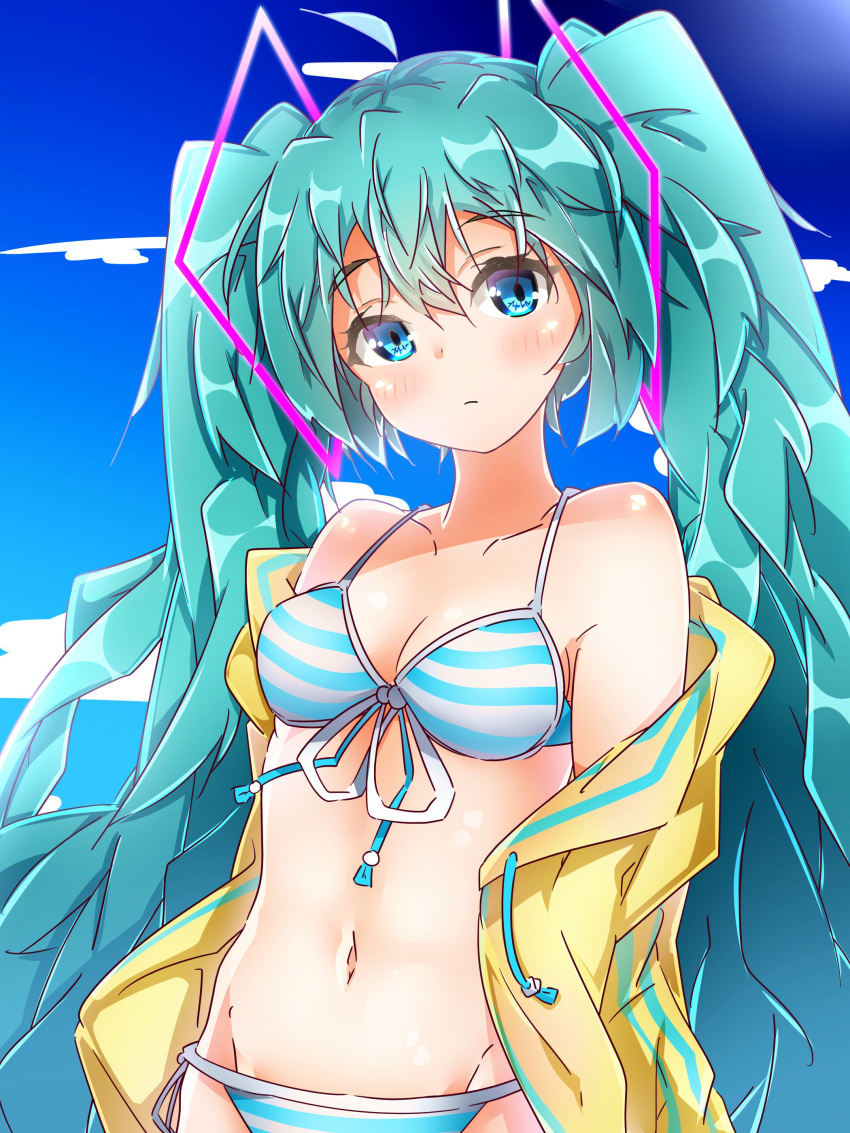 Safebooru - 1girl absurdres aqua eyes aqua hair bikini blue sky blush breasts clouds cloudy sky ...