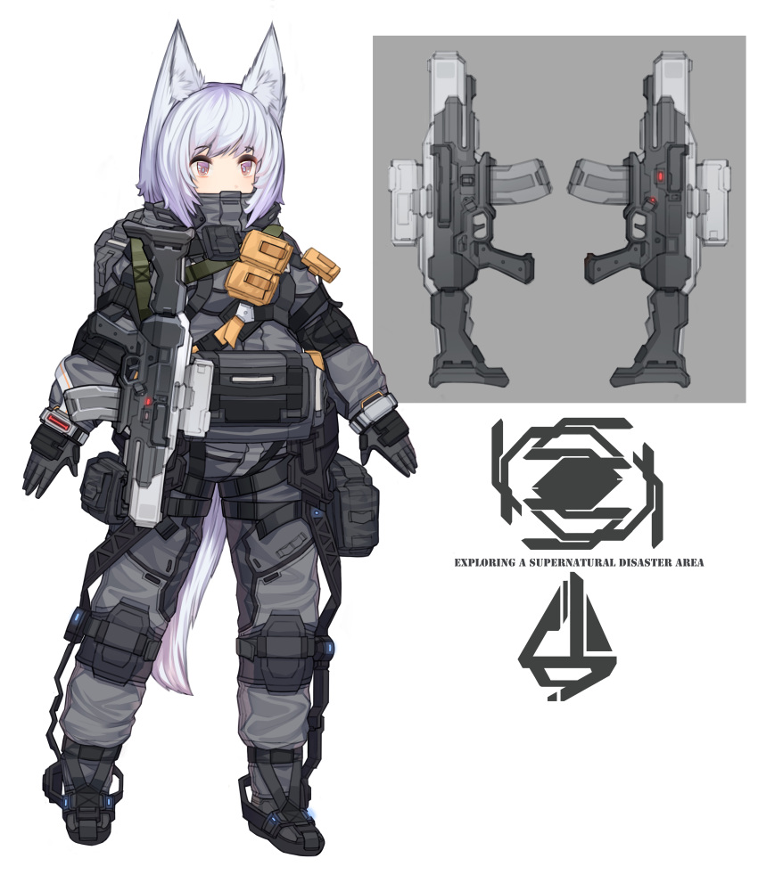 Safebooru - 1girl absurdres animal ears assault rifle character sheet commentary exoskeleton fox ...