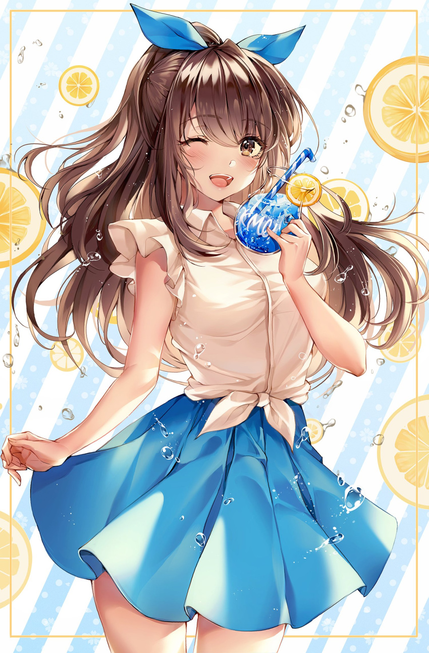 Safebooru - 1girl bare arms blue ribbon blue skirt breasts brown eyes brown hair commentary ...